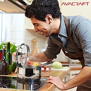 AVACRAFT Stainless Steel Saucepan with Glass Strainer Lid, Two Side Spouts for Easy Pour with Ergonomic Handle, Multipurpose Sauce Pot (Tri-Ply Capsule Bottom, 2.5 Quart)