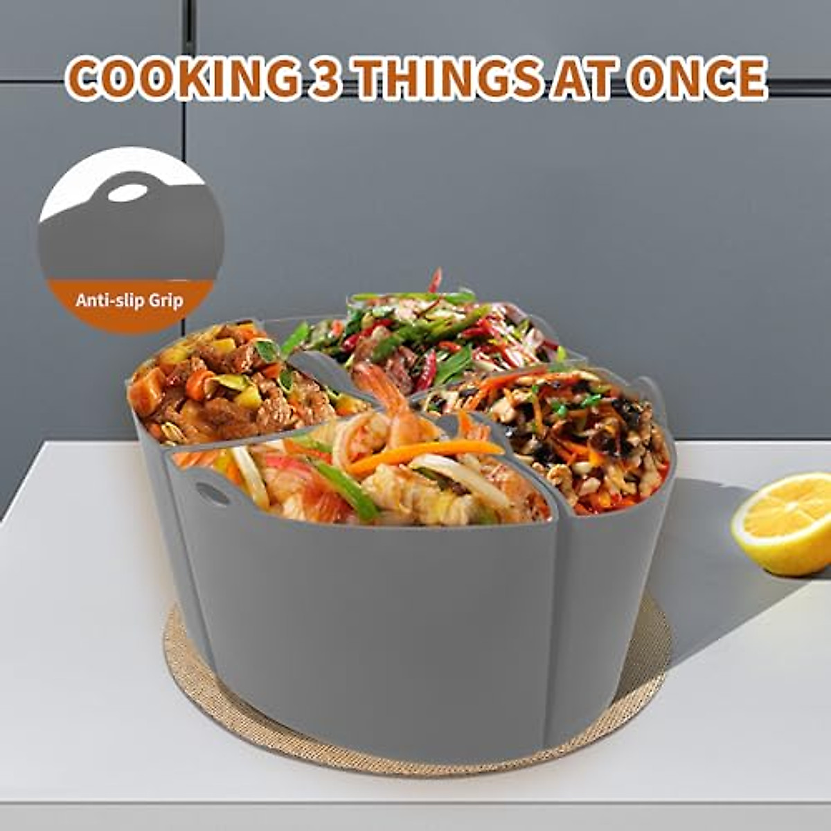 YSF Silicone Slow Cooker Liners, Reusable 4 Divider Inserts, Fits Crock-pot Oval 8 QT 4-in-1 Slow Cooking, Leakproof, Dishwasher Safe, Food-Grade BPA Free, 8 Quart Cook Four Dishes at Once (Gray)