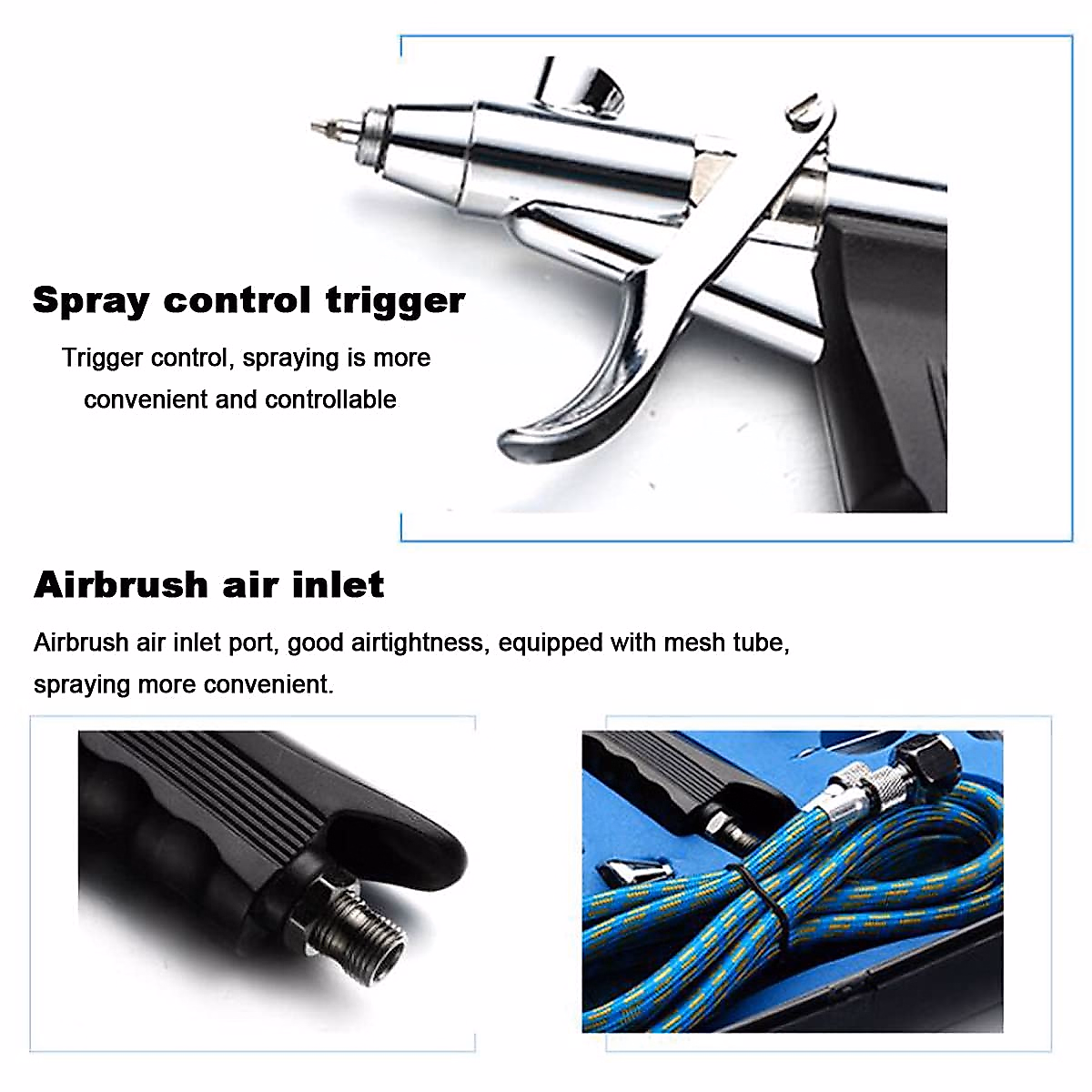 RJ-Global Double Action Airbrush Kit, Trigger Air Brush Spray Gun with 0.3, 0.2, 0.5mm Needles, 3 Sets Nozzles, Air Cap, 2cc/5cc/13cc Paint Cup, Air Hose, for Tattoo, Makeup, Nail, Model, Art Hobby