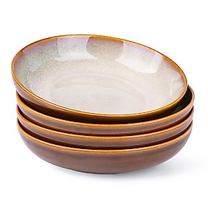 LERATIO Large Pasta Bowls,38oz Ceramic Pasta Bowls,9.0" Reactive Glaze Pasta Bowl Set of 4,Microwave & Dishwasher,Oven Safe,Wide Serving Bowls for Salad,Pasta,Fruit,Scratch Resistant-Khaki