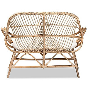 Baxton Studio Bali & pari Jayden Modern Bohemian White Fabric Upholstered and Natural Rattan Loveseat