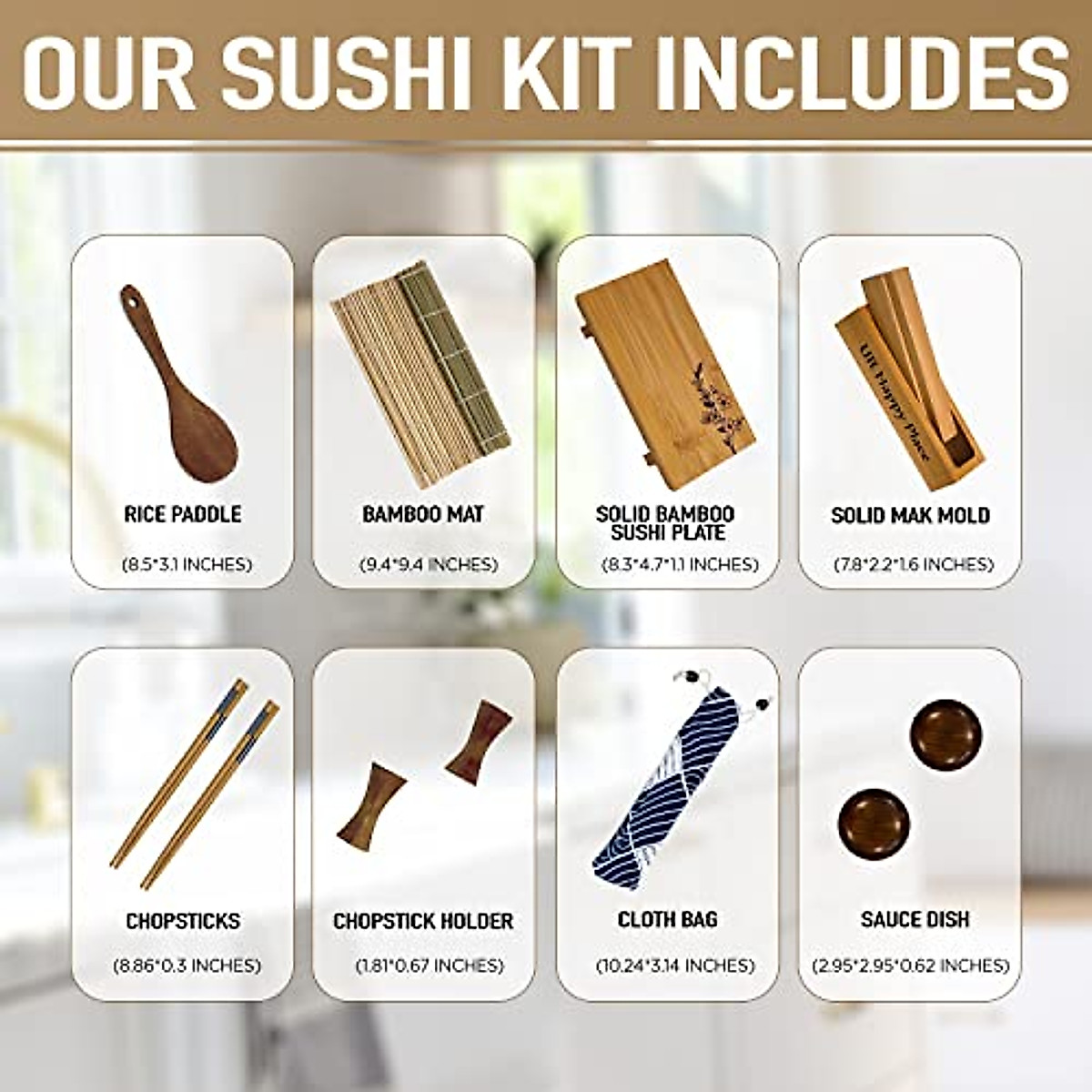 UR Happy Place Sushi Making Kit for Beginners-15 in 1 DIY Sushi Set Made of Real Wood