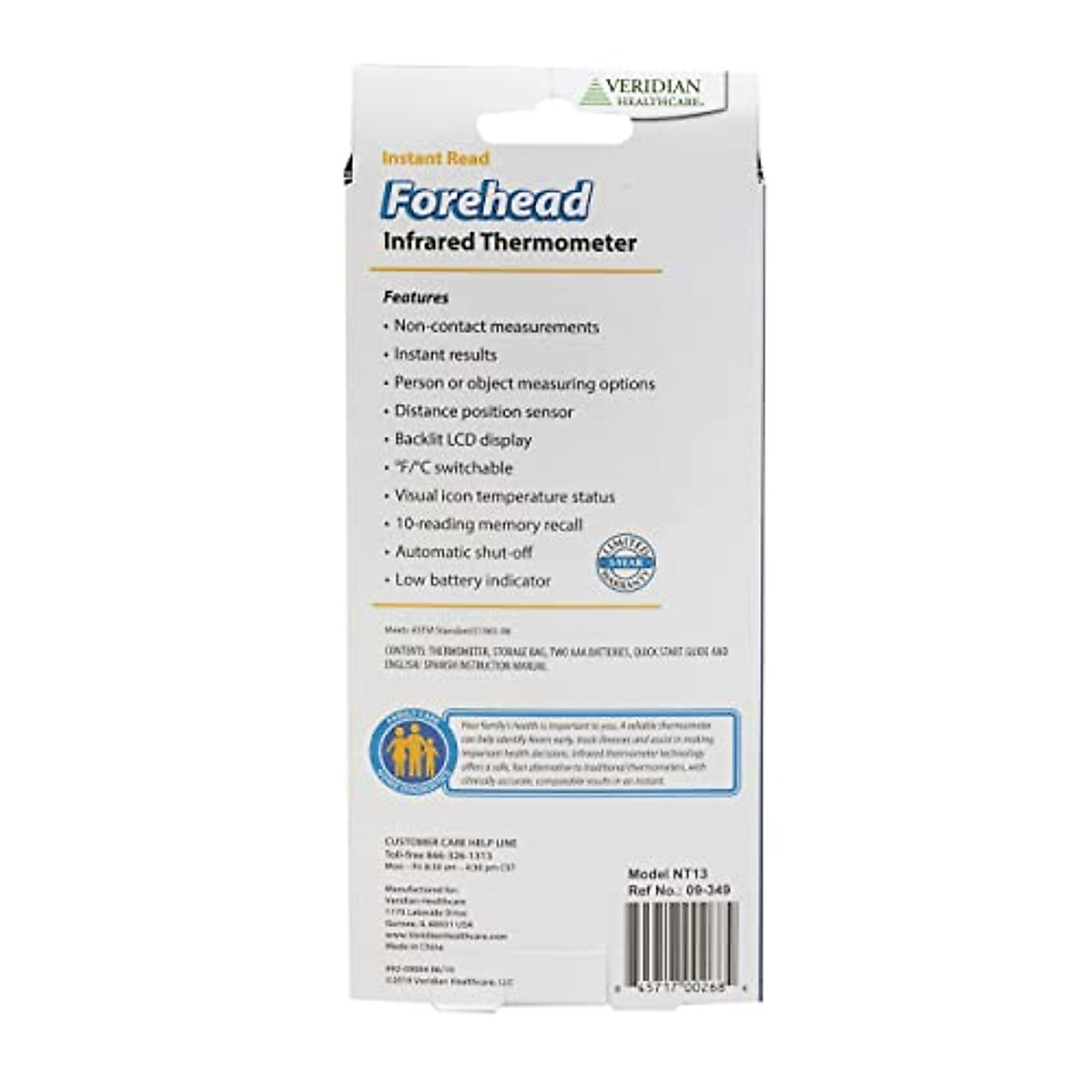 Veridian 09-349 Non-contact Infrared Digital Thermometer, 1-second Readout, Backlit Display, Measures Body and Object/Liquid Temperatures, Memory Recall of Last 10 Readings