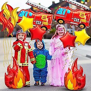 Glimin 18 Pcs Fire Truck Balloons Set 4 Aluminum Foil Flame Balloon, 2 Fire Truck Firefighter Balloon, 6 Fire Balloons, 6 Star Balloons for Rescue Themed Decoration Firefighter Birthday Party Supplies