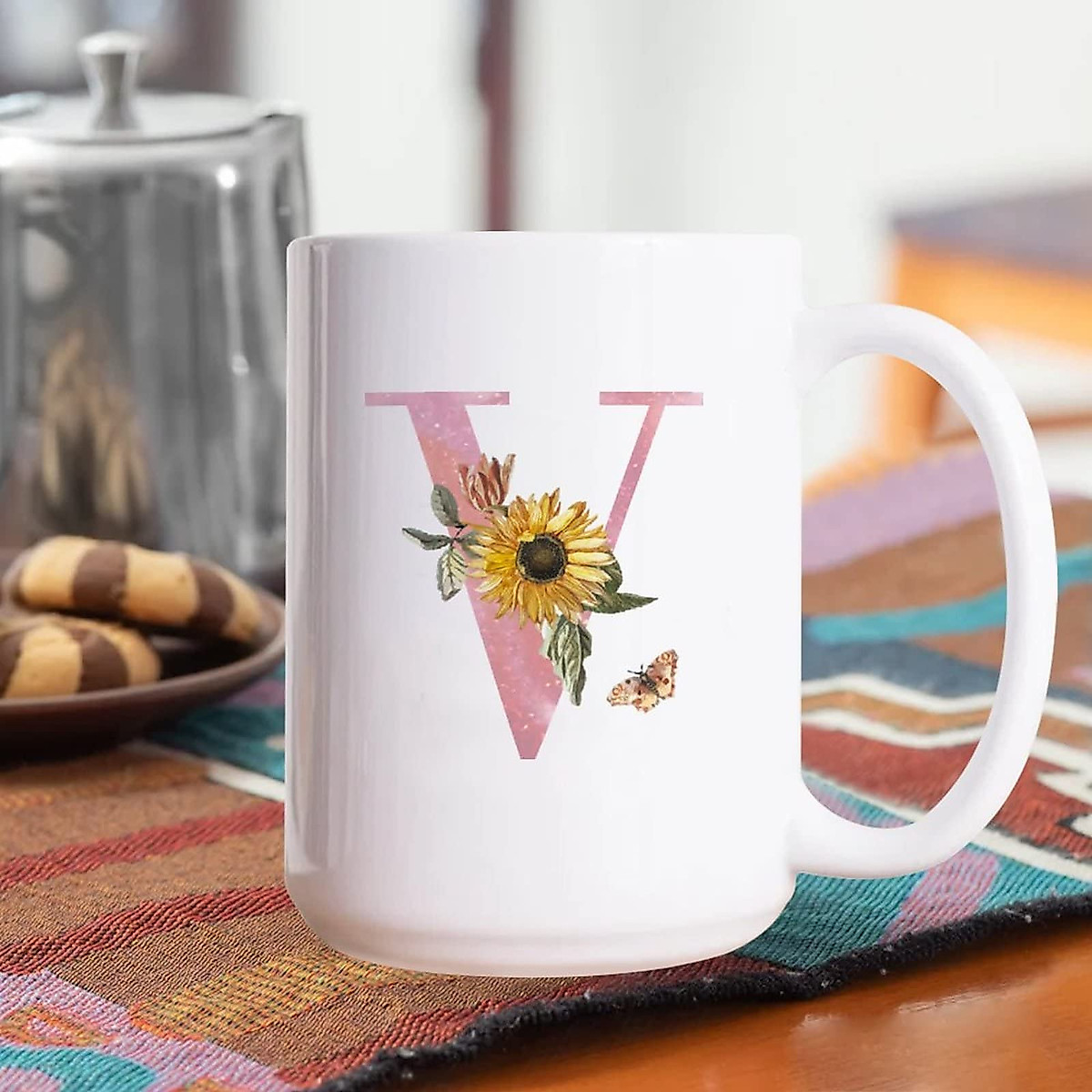 Novelty Quote White Ceramic Coffee Mugs 15oz,Sunflower Pink Initial Alphabet Monogram Letter V Funny Coffee Mug Porcelain Humorous Coffee Cup for Christmas Friends Classmate Teacher Kids
