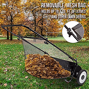 Right Hand 26-Inch Push Lawn Sweeper, Strong Rubber Wheels & Heavy Duty Durable Steel Structure Sweeps Leaf Grass & More, 7ft Mesh Collection Bag, 4 Spinning Brushes