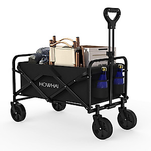 Wagons Carts Foldable, Collapsible Wagon, Wagon Cart with Wheels, Utility Wagon Cart with Wheels Foldable, Heavy Duty 100L Large with Drink Holders for Garden, Camping, Beach, Shopping(Black)