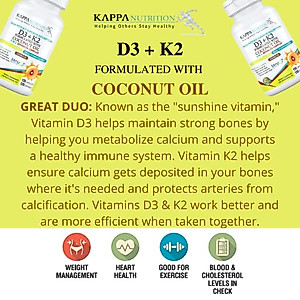 KAPPA NUTRITION Vitamin D3 + K2 Supplement with MCT Oil (Coconut Oil) (5000iu) Vitamin D with 100mcg Mk7 Vitamin K, Supports Calcium for Stronger Bones & Immune Health, 120 Vegan Capsules for Adults