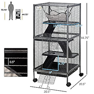 PawHut Metal Small Animal Cage Rolling Big Ferret Cage, Chinchilla Cage, Sugar Glider Cage, with Hammock & 4 Tiers, Removable Tray