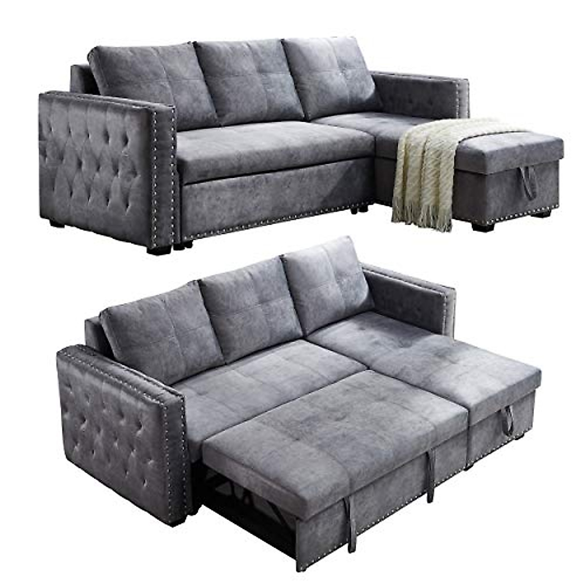 HABITRIO Sectional Sofa with Pull Out Bed, Solid Wood & Velvet Upholstered 2 Seats Sofa and Reversible Chaise Lounge w/Storage, Modern Design 91" L-Shaped Sleeper Sofa for Living Room, Grey