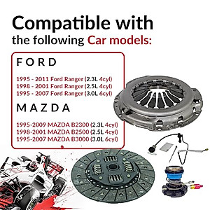 Clutch With Slave And Pre-Bled Clutch Master Cylinder and Line Assembly Kit compatible with B2300 B2500 B3000 Ranger Base Lx Lxt Limited Crew Ds Se Sx Troy 1995-2011 2.3L L4 2.5L L4 3.0L V6 (07-142S)