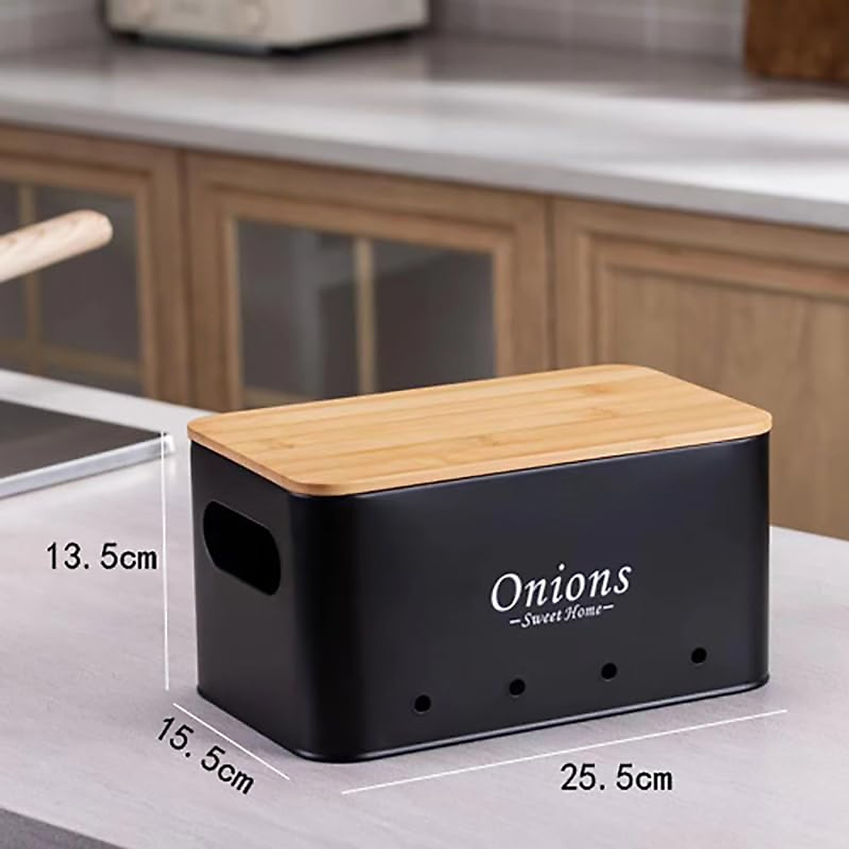 Simcat Kitchen Vegetable Storage Tins Set of 3, Potato Onion Garlic Kitchen Storage Canisters, Vegetable bin Keeper Containers with Aerating Holes and Wooden Lid (Black)