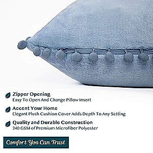 PAVILIA Dusty Blue Throw Pillow Covers, 20x20, Set of 2, Pom Pom | Decorative Velvet Cushion Covers for Sofa Couch Bed | Light Slate Blue Fleece Accent Pillow Case Pompom