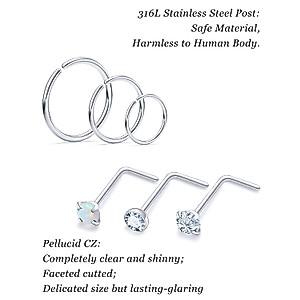 Vsnnsns 18G Nose Rings for Women Surgical Steel Nose Rings Hoops L Shaped Nose Studs Nose Hoop Rings 6mm 8mm 10mm Opal Nose Rings 2.5mm Diamond CZ Nose Ring Piercing Jewelry Silver 21Pcs