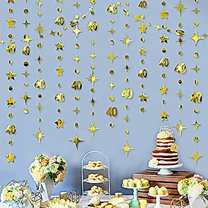 Gold 40th Birthday Decorations Number 40 Circle Dot Twinkle Star Garland Metallic Hanging Streamer Bunting Banner Backdrop for Women Mens 40 Year Old Birthday Forty Anniversary Party Supplies
