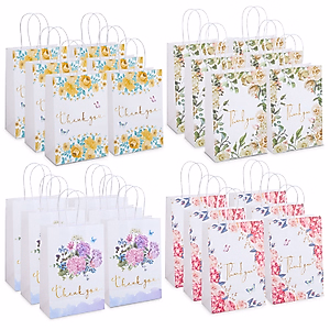 Thank You Gift Bags 24 Pack Floral Design Small Thank You Bags with Handles, 8.6" X 6.2" X 3" White Kraft Paper Bags Favor Bags Gift Bags for Small Business Wedding Bridal Shower Baby Shower
