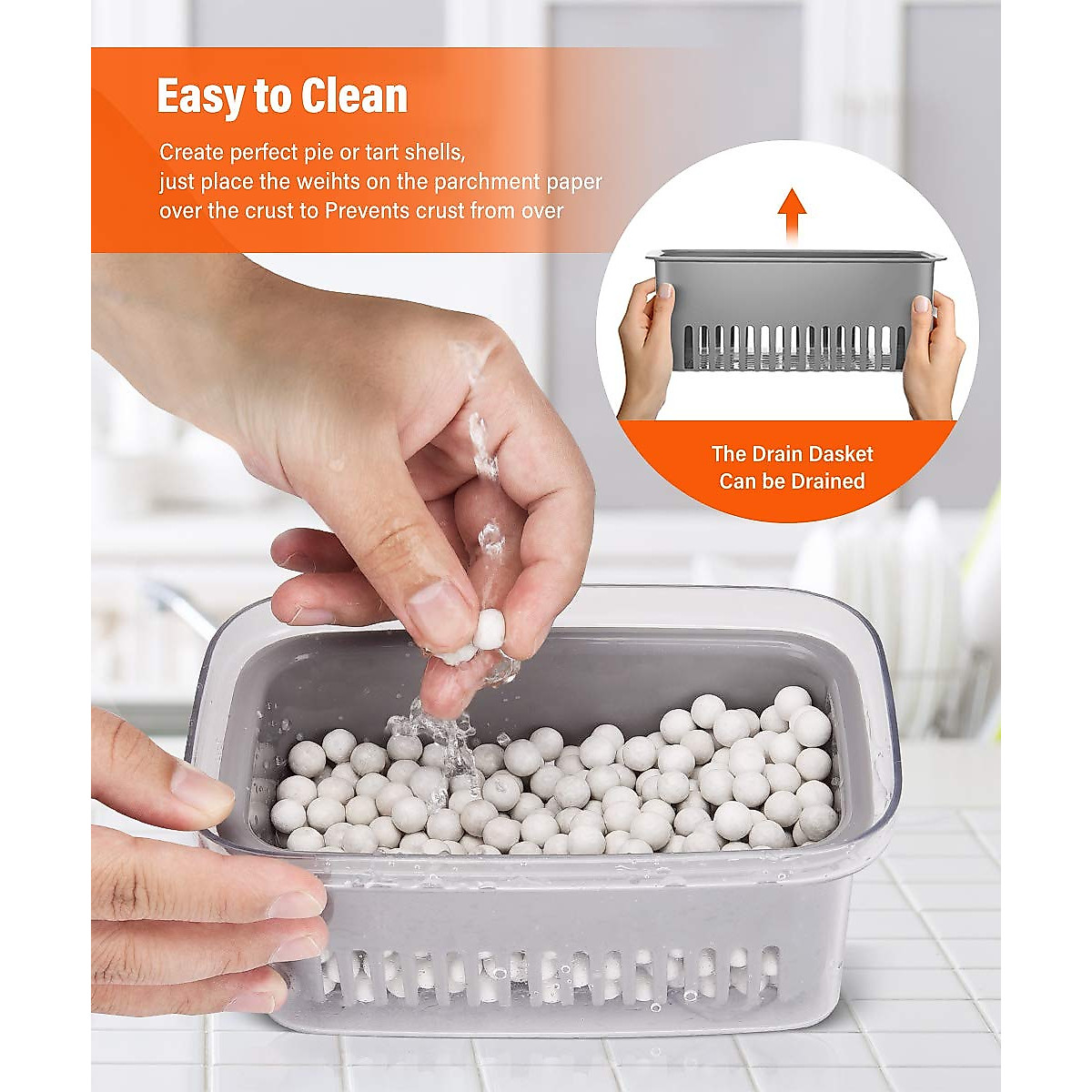 wtisan Ceramic Pie Weights Reusable 10mm Baking Beans Pie Crust Weights Natural Ceramic Stoneware with a Drainage Storage Box with holes and Canvas Storage Bag(1.2LB)