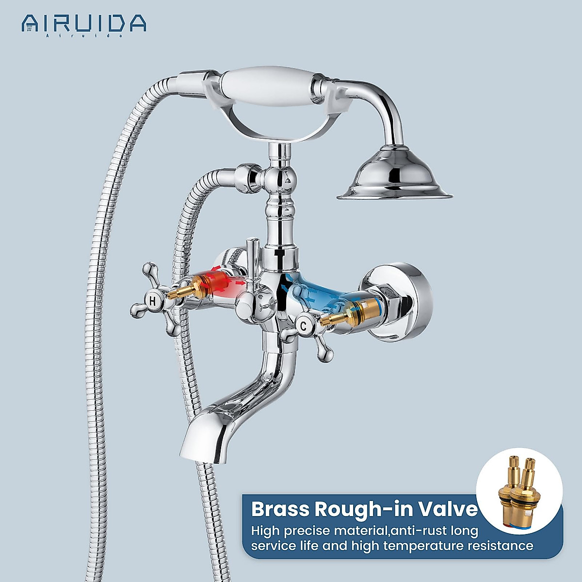 Airuida Wall Mount Bathtub Faucet Chrome Polish with Handheld Shower Chrome Polish Wall Mount Kitchen Sink Faucet 8 Inch Center
