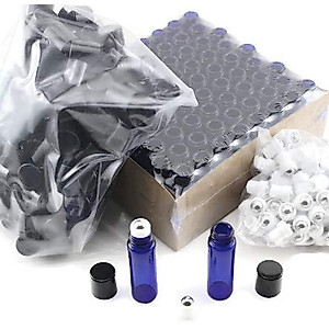 HS HEALTHY SOLUTIONS GLASSWARE 5ml COBALT BLUE Glass Roll On Roller Bottles 144 with Stainless Steel Roller Inserts & Flat Black Screw Caps - Pack of 144 each.