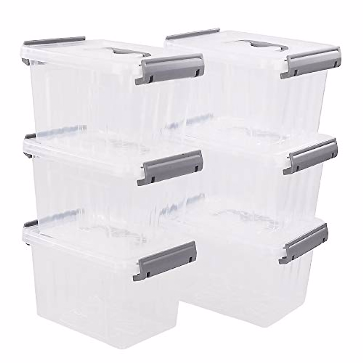 Vababa 6-Pack 3 L Clear Plastic Latch Storage Boxes with Gray Lids
