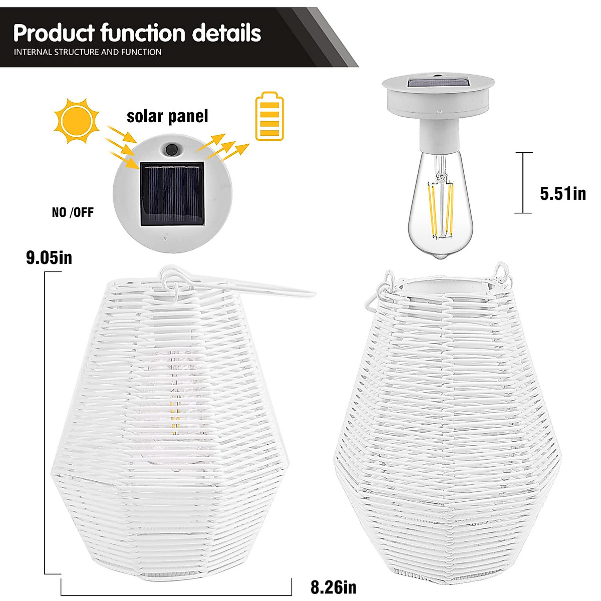 Rattan Outdoor Solar Lantern - Waterproof Hanging Table Solar Lanterns - White Woven Decorative Solar Lamp Lights with Handle for Patio Yard Garden Decoration (Edison Bulb)