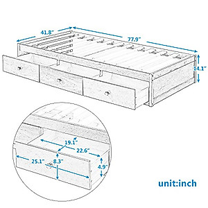 BOVZA Twin Size Platform Storage Bed with 3 Drawers, Wood Daybed Frames for Kids Teens Adult, for Living Room Bedroom Guest Room, No Box Spring Needed, White