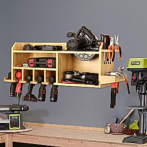 simesove Power Tool Organizer, Drill Charging Station,5 Drill Hanging Slots, Drill Holder Storage Wall Mount Shelf Rack, Cordless Drill Storage,Drill Organizer Wall Mount,Polished Wooden Toolbox for Saw,Father's Day Gift
