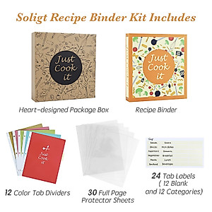Recipe Binder, 8.5x11 3 Ring Full Page Recipe Book Binder Kit with 30 Plastic Page Protectors, 12 Dividers & 24 Lables, Family Recipe Organizer Binder (Recipe Page Print Templates Included)