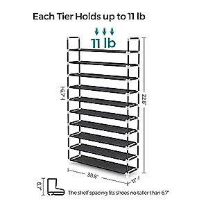 SONGMICS 10-Tier Shoe Rack, Storage Storage Organizer, Holds up to 50 Pairs, Metal Frame, Non-Woven Fabric, for Living Room, Hallway, 39.4 x 11 x 68.9 Inches, Black ULSH11H