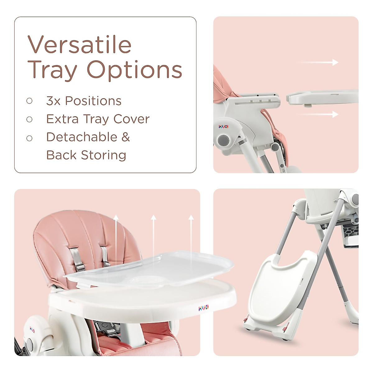 KÜB 3-in-1 Foldable Baby High Chair | 7 Height & 4 Recline Adjustable | Removable Seat & Tray for Easy Clean | 2 Locking Wheels | Multifunctional Infant Highchair for Babies Toddlers Girl (Pink)