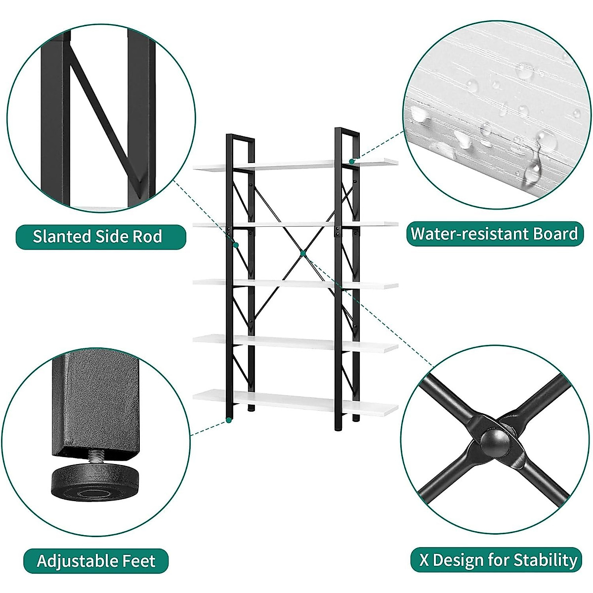 YITAHOME Book Shelf，5 Tier Bookcase, 12" D x 47" W x 71" H Large Industrial Book Shelf Storage Organizer for Living Room, Bedroom,Home Office, Free Standing Storage Shelving Unit, White