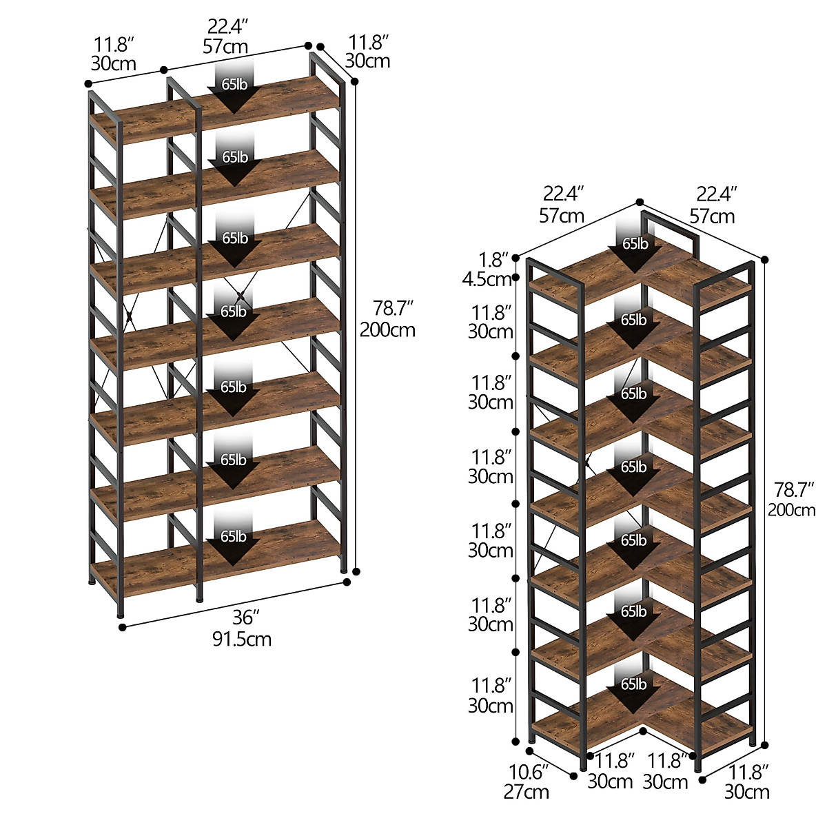 Tohomeor 7-Shelf Corner Bookshelf Freestanding Large Modern Corner Bookcase 7-Tier Tall Corner Shelf Storage Display Rack with Metal Frame for Living Room Home Office (Rustic Brown, 7 Tier)
