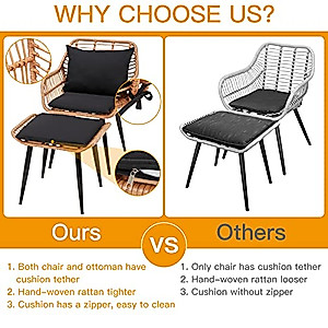 ECOTOUGE 5 Piece Patio Furniture Set, Outdoor Hand-Woven Wicker Conversation Bistro Sets with Glass Tempered Coffee Table, 2 Rattan Armchairs, 2 Footstool, Soft Seat Cushions for Porch, Backyard