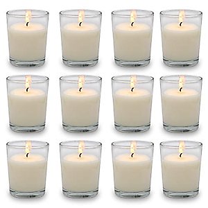 Set of 12 White Votive Candles, Clear Glass Filled Unscented Soy Wax Candle for Home Décor Weddings Spa Holidays Party and DIY