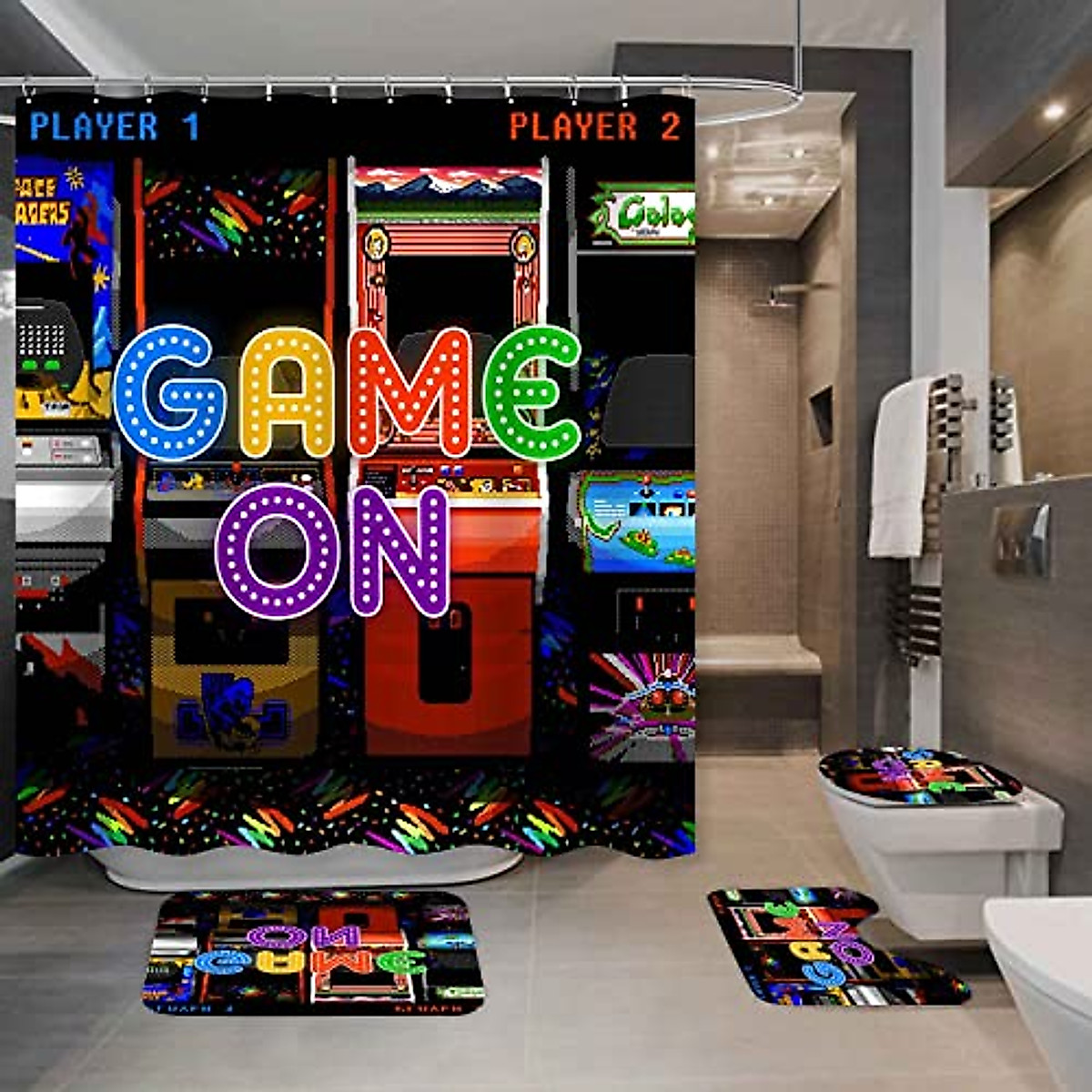 SDDSER Games Shower Curtain Set, 4PCS Play Game Kids Bathroom Shower Curtain Sets with 72 in Video Game Shower Curtain and Bath Mat, Toilet Lid Cover and U Shaped Rug, 12 Hooks, SETLSSD92