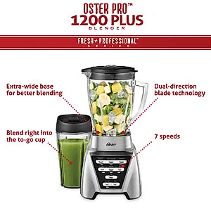 Oster Blender | Pro 1200 with Glass Jar, 24-Ounce Smoothie Cup, Brushed Nickel
