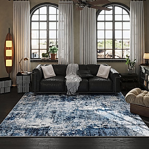 Rugcomf 8x10 Rug Washable Boho Rug Soft Large Area Rug Non-Slip Non-Shedding Faux Wool Vintage Rug for Living Room, Farmhouse, Dining Room, Indoor, Kids Playroom, Blue