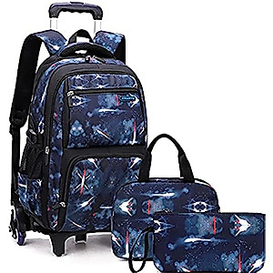 Egchescebo 18" School Kids Rolling Backpack for Adults With Wheels Trolley Wheeled Backpacks for Boys Students Travel Bags Adults With Lunch Box Pencil bag 3PCS Navy Blue