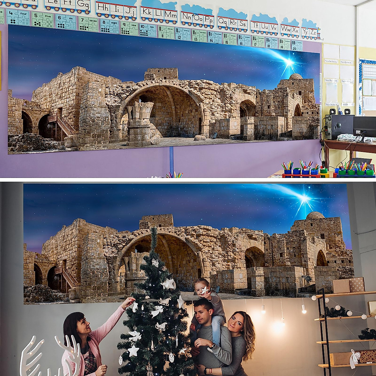 Tingjoo 18 x 6 ft Scene to Bethlehem Backdrop Banner Nativity Christmas Decor Bethlehem Cityscape Scene Fabric Backdrop Christmas Story Scene for Xmas Church VBS Vacation Bible School Supplies