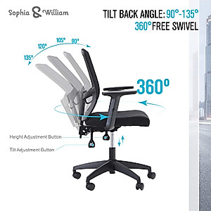 Sophia & William Ergonomic Mesh Office Desk Chair High Back, Modern 360° Swivel Executive Computer Chair with Height Adjustable Armrests, Lumbar Support, Black - 1 Pack, Load Capacity: 300 lbs