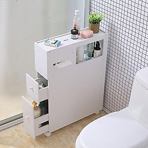 Xuthusman Slim Bathroom Floor Cabinet Toilet Storage Organizer W/Shelf Free Standing Cabinet with Slide Out 2 Drawer and Wheels White