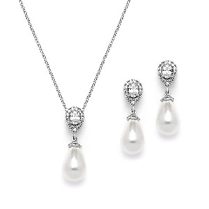 Mariell Pearl Drop Bridal Necklace and Earrings Set with CZ Crystals for Bride, Wedding, Birthday Gift
