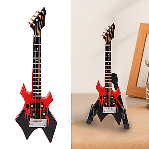 3.9in Miniature Bass Model, Dollhouse Mini Musical Instrument Guitar Model With Stand and Case (10cm Red Pointed Electric Bass)