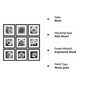 eletecpro 12x12 Picture Frames Black Set of 9, Wooden Square Frame Displays 8x8 with Mat and 12x12 without Mat, Poster Frame for Wall Hanging