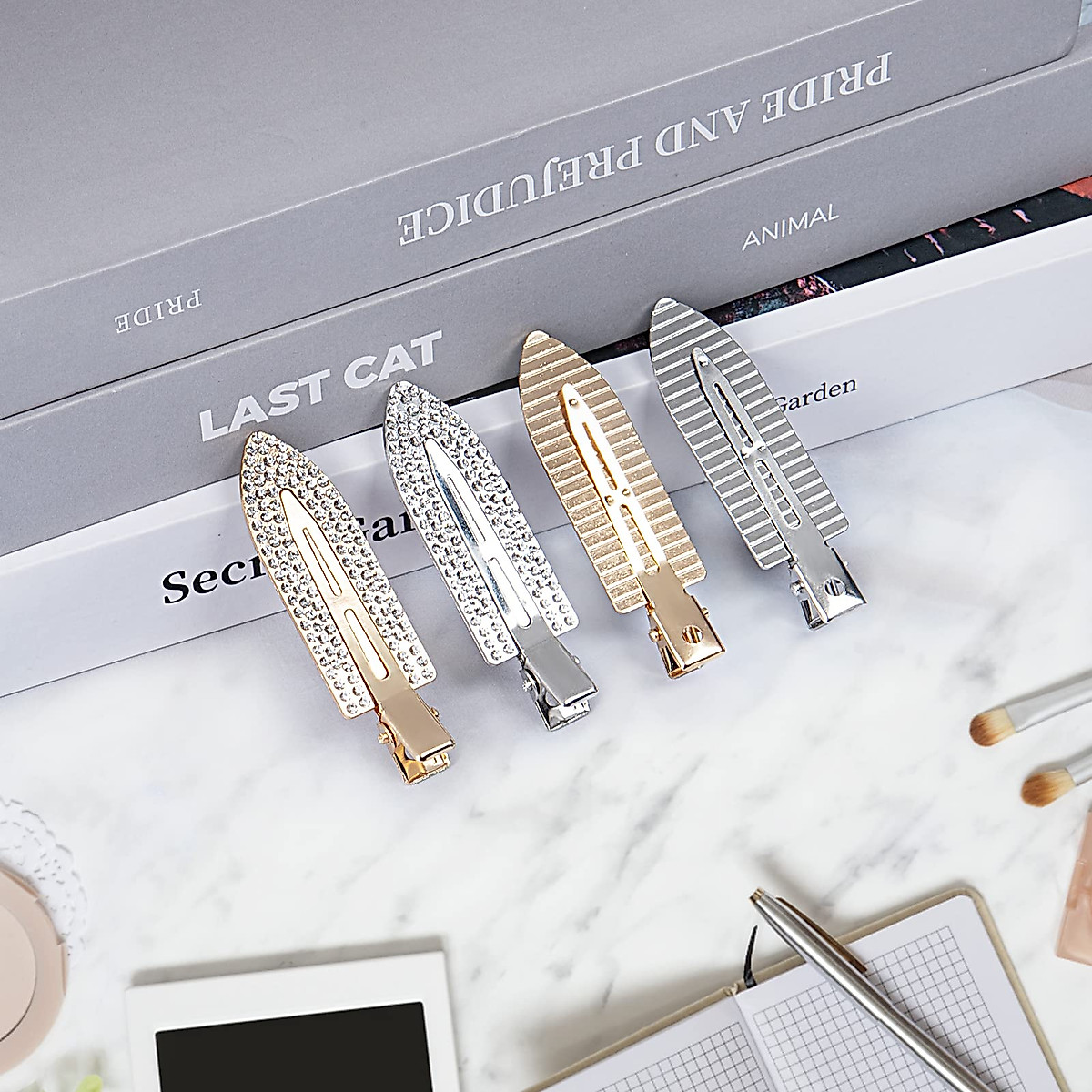 MADHOLLY 4pcs Rhinestone No Bend Hair Clips - Metal Shiny Styling Diamond Cut Pin Clip No Dent No Crease Hair Clips Bling Curl Pin Barrette Small Gifts for Women Girl Makeup, Silver & Gold