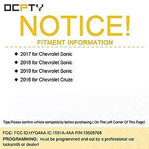 OCPTY 1 PCS Uncut Keyless Entry Remote Control Key Fob Transmitter Replacement for 17 18 19 for Chevrolet Sonic Cruze FCC ID:HYQ4AA IC:1551A-4AA P/N:13508768 5 Buttons
