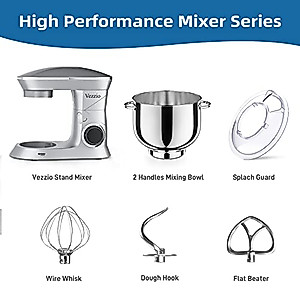 9.5 Qt Stand Mixer, 10-Speed Tilt-Head Food Mixer, Vezzio 660W Kitchen Electric Mixer with Stainless Steel Bowl, Dishwasher-Safe Attachments for Most Home Cooks (Silver)
