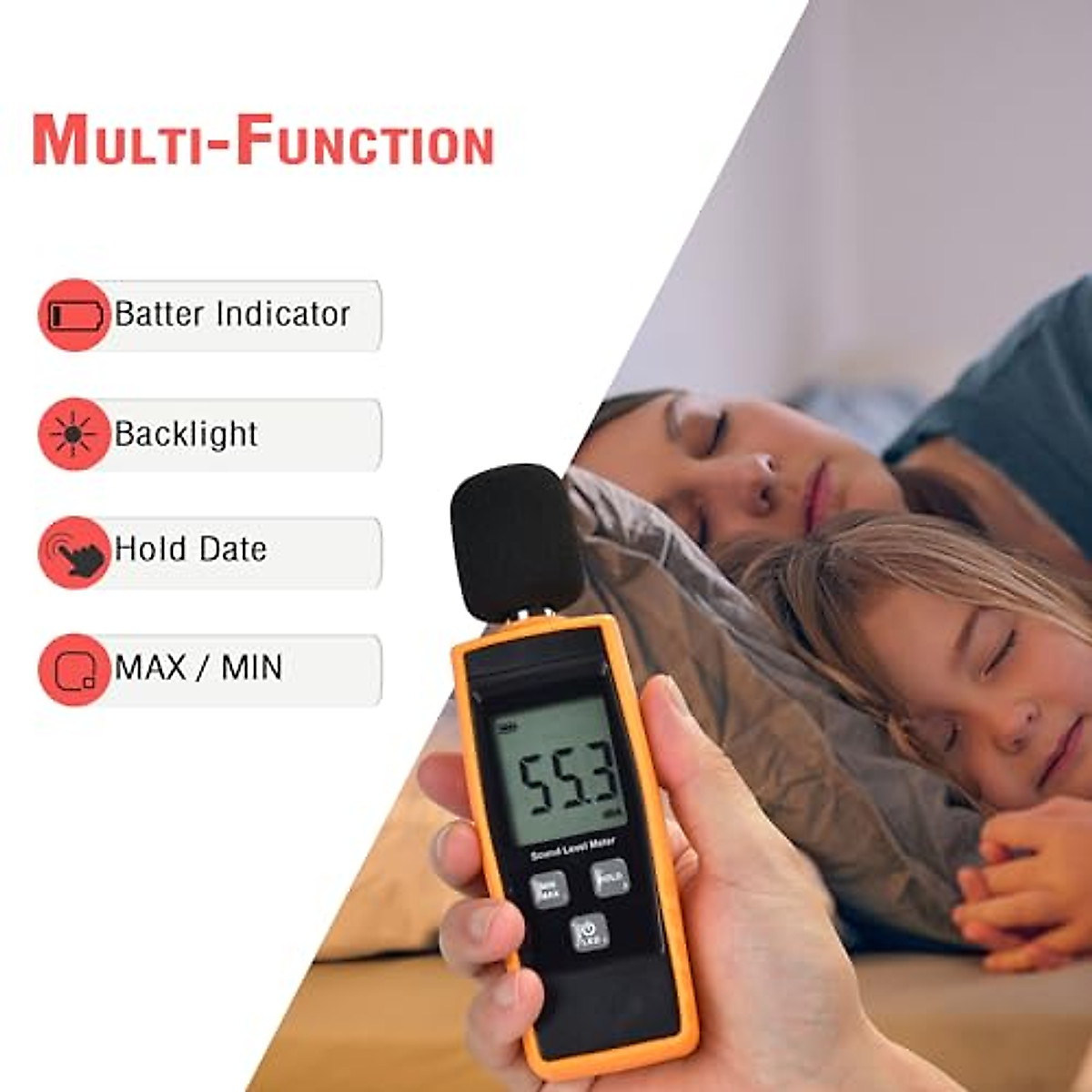 Hand-Held Sound Level Meter,V-Resourcing 30~130 dB Decibel Noise Measurement Tester with Backlight Digital LCD Display for Indoor/Outdoor Uses [Max/Min/Hold Function]