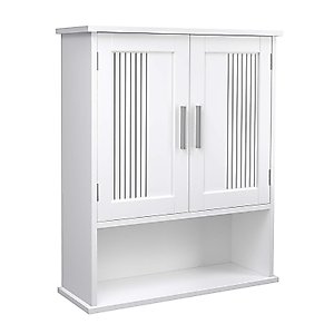 VASAGLE Wall Cabinet, Hanging Bathroom Storage Organizer, Medicine Cupboard with Adjustable Shelf, Double Doors and Open Shelf, 23.6 x 7.8 x 27.5 Inches, Wooden, White UBBC26WT