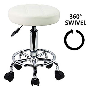 KKTONER Round Rolling Stool Chair PU Leather Height Adjustable Swivel Drafting Work SPA Shop Salon Stools with Wheels Office Chair Small (White)